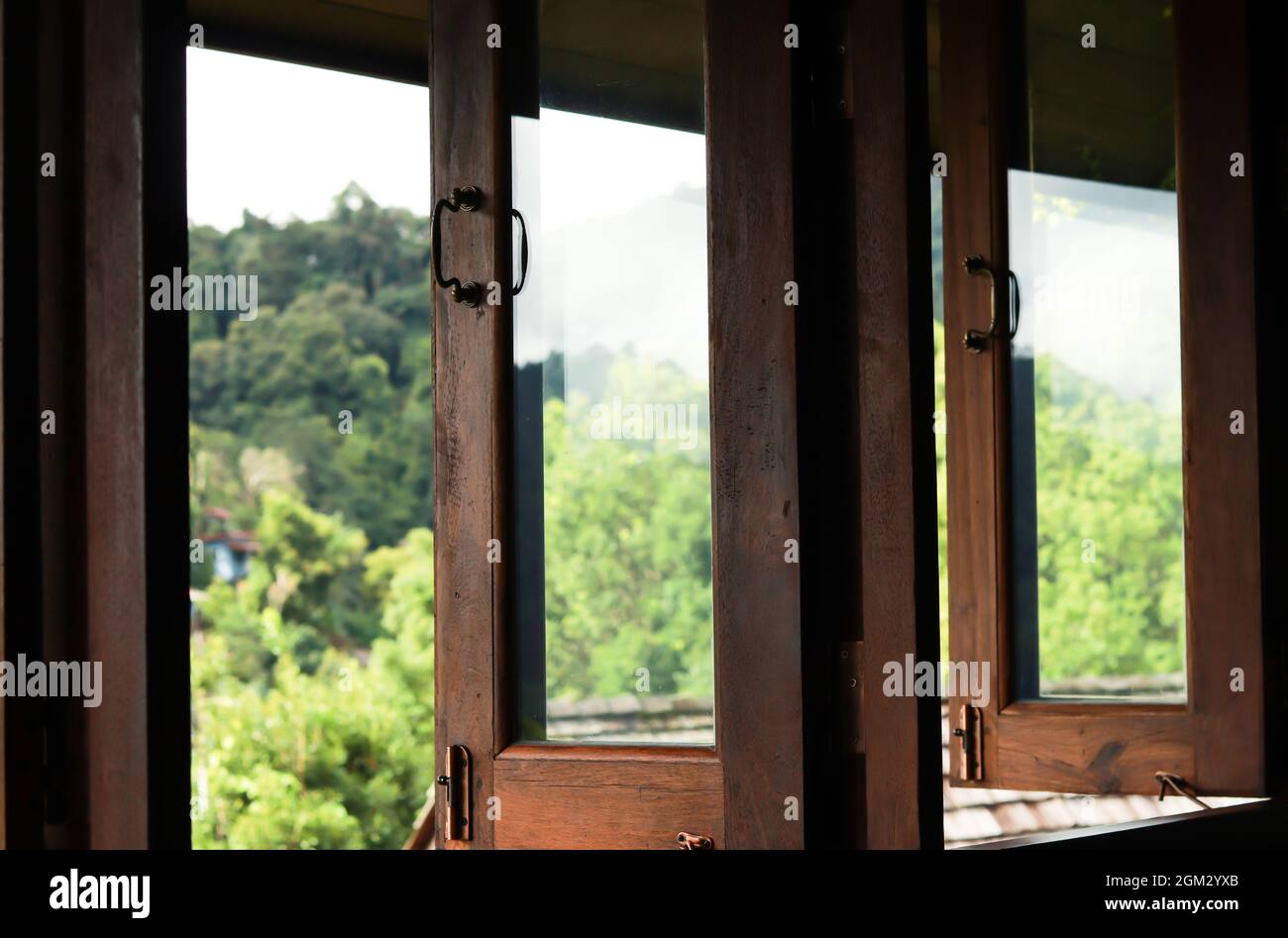 Dark brown wooden window open and outside is blurry scenery of green ...