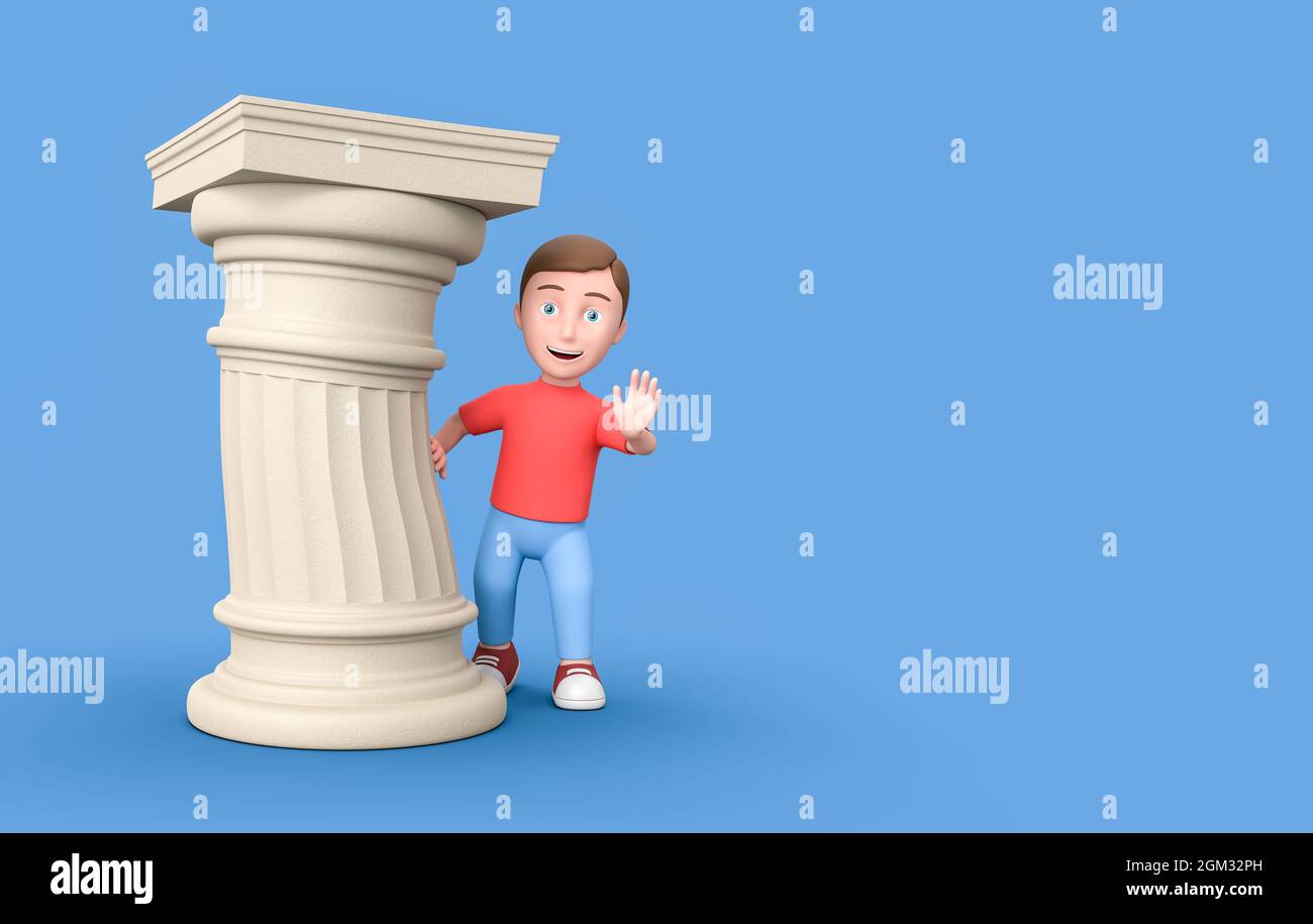Kid behind a Funny Ancient Column. 3D Cartoon Character on Blue with ...