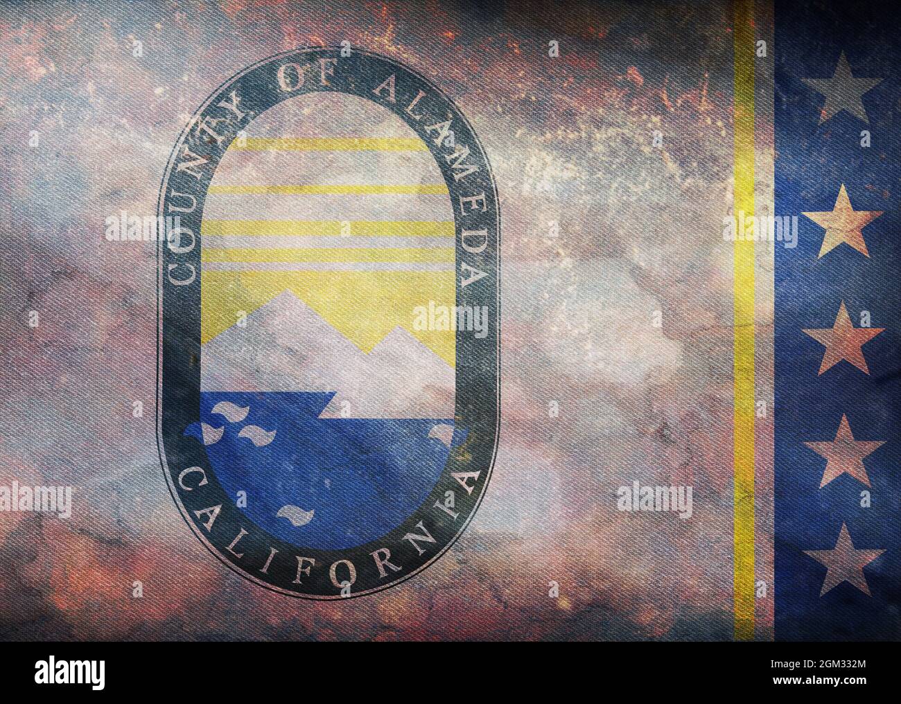 Top view of retro county of Alameda, California flag with grunge ...