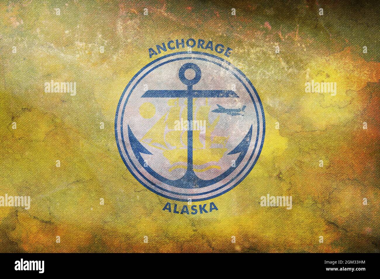 Top view of retro county of Anchorage, Alaska flag with grunge texture ...