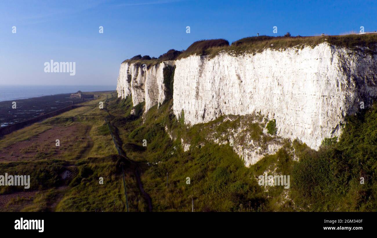 Aerial view looking along the Chalk Cliff Line at Oldstairs Bay, Kent ...
