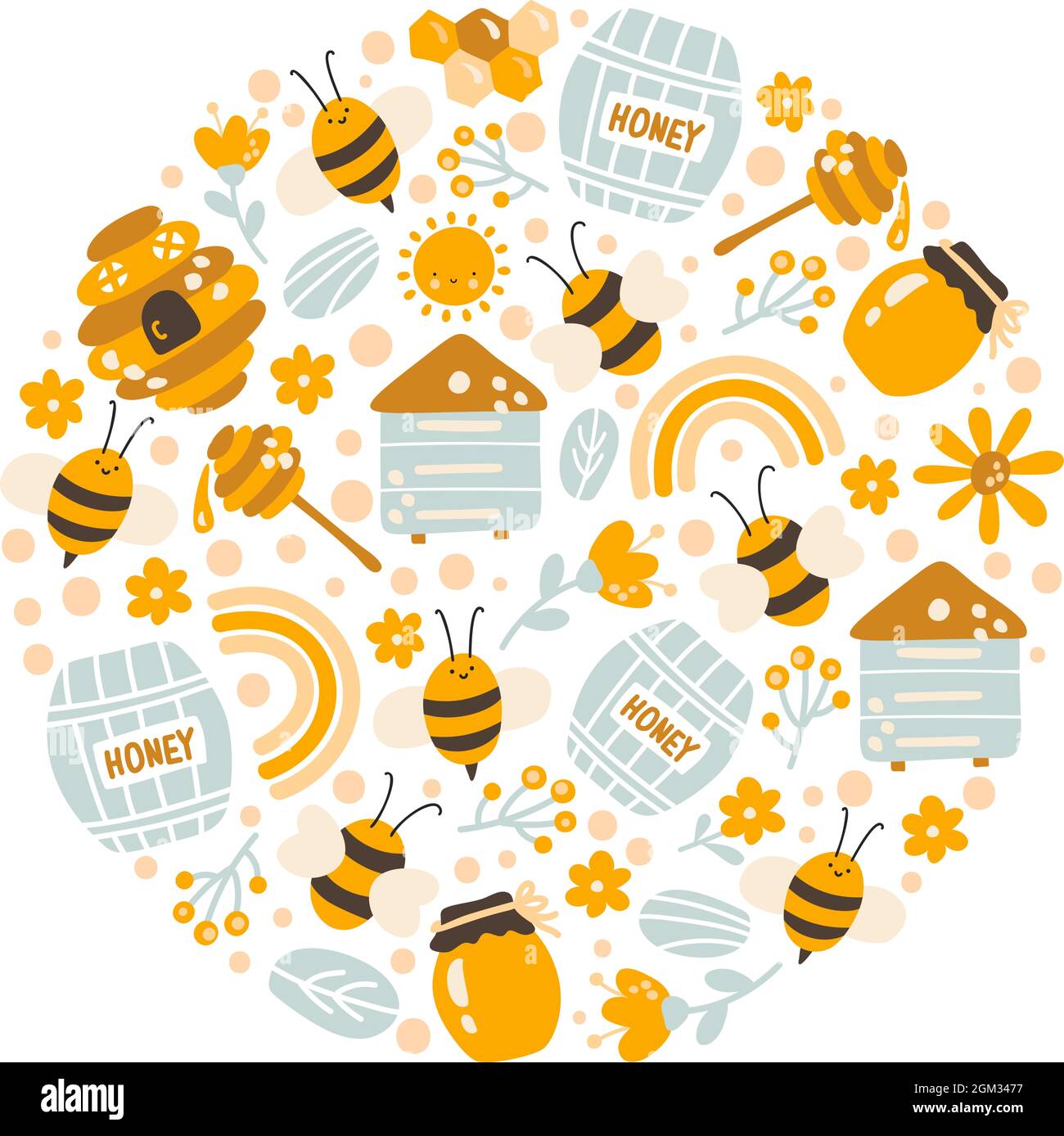 Kids colorful vector round poster hand drawn bee Honey cartoon doodle ...