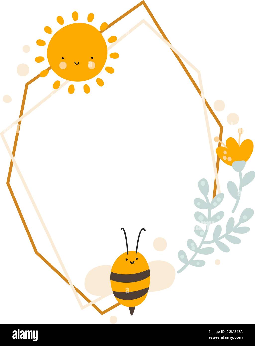 Cute kids Polygon frame with bee and sun with bouquet of flowers wreath ...