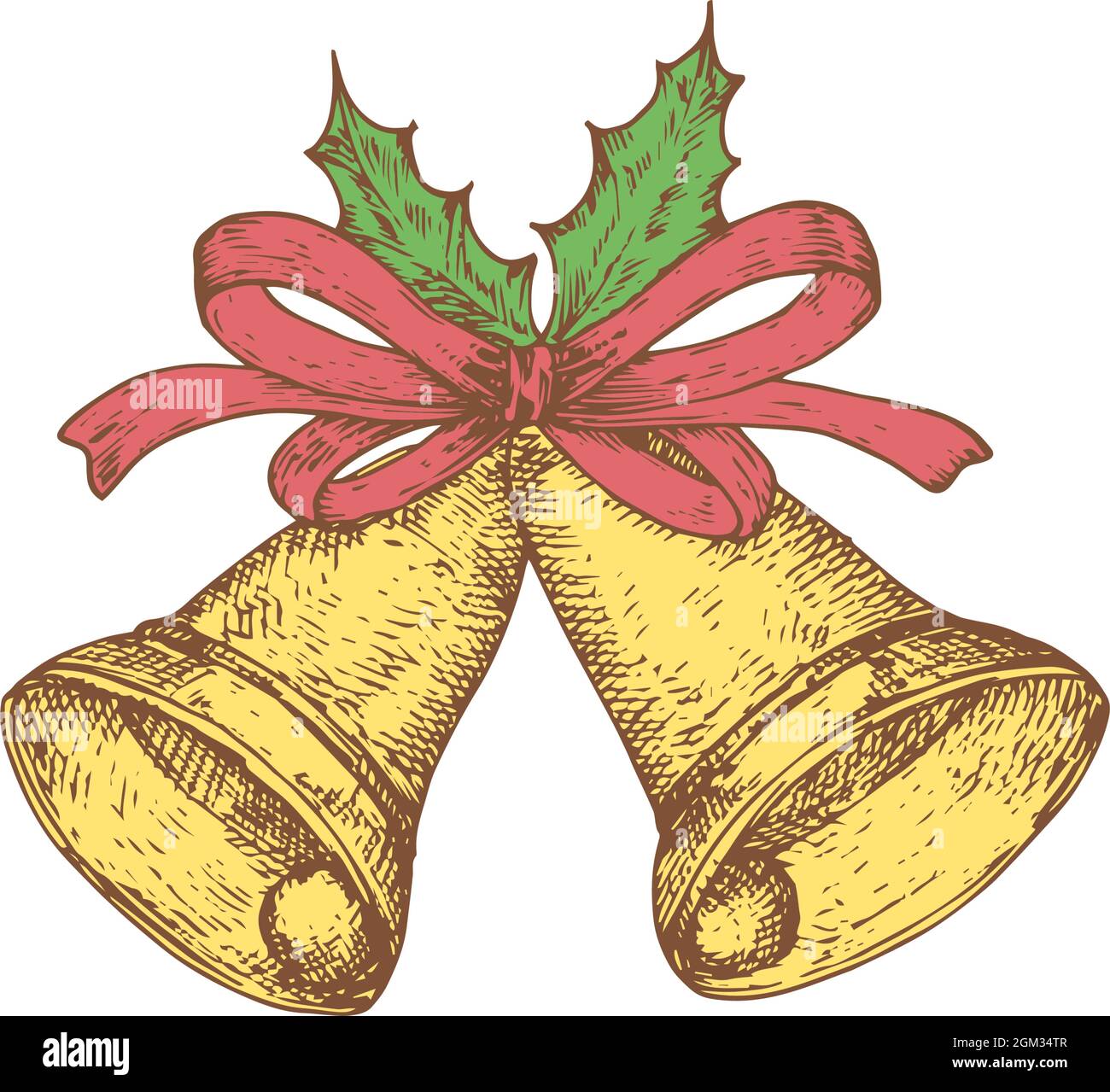 Hand Drawn Christmas Bells with Holly Leaves and Ribbon Color Vector ...