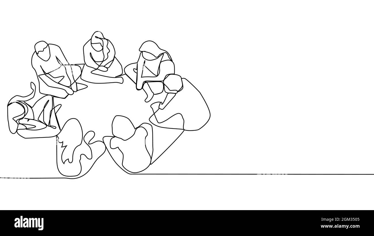 Continuous line drawing group of people sitting, standing, meeting and ...