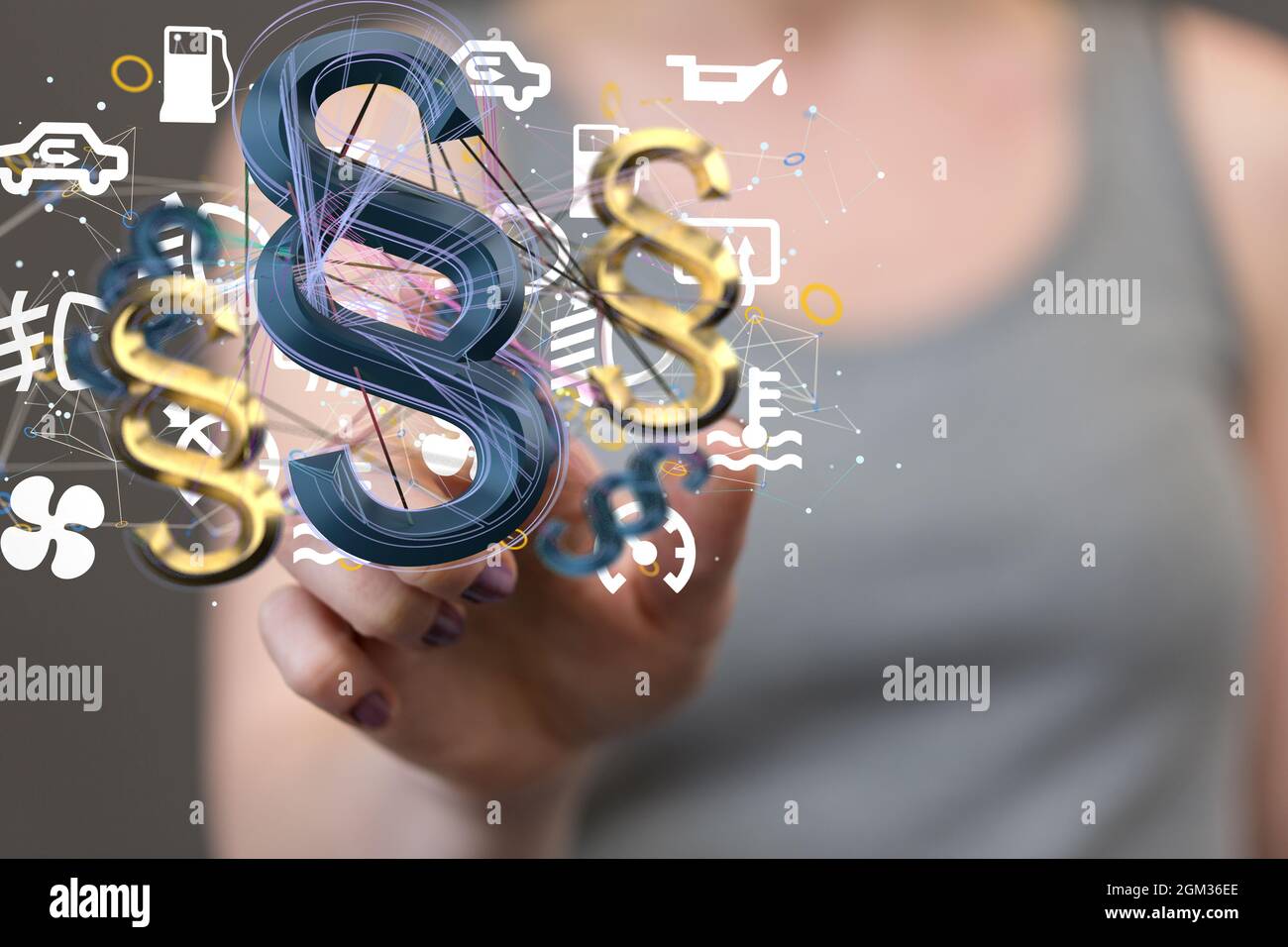 3d rendering of a car insurance concept with law paragraph symbols in a ...