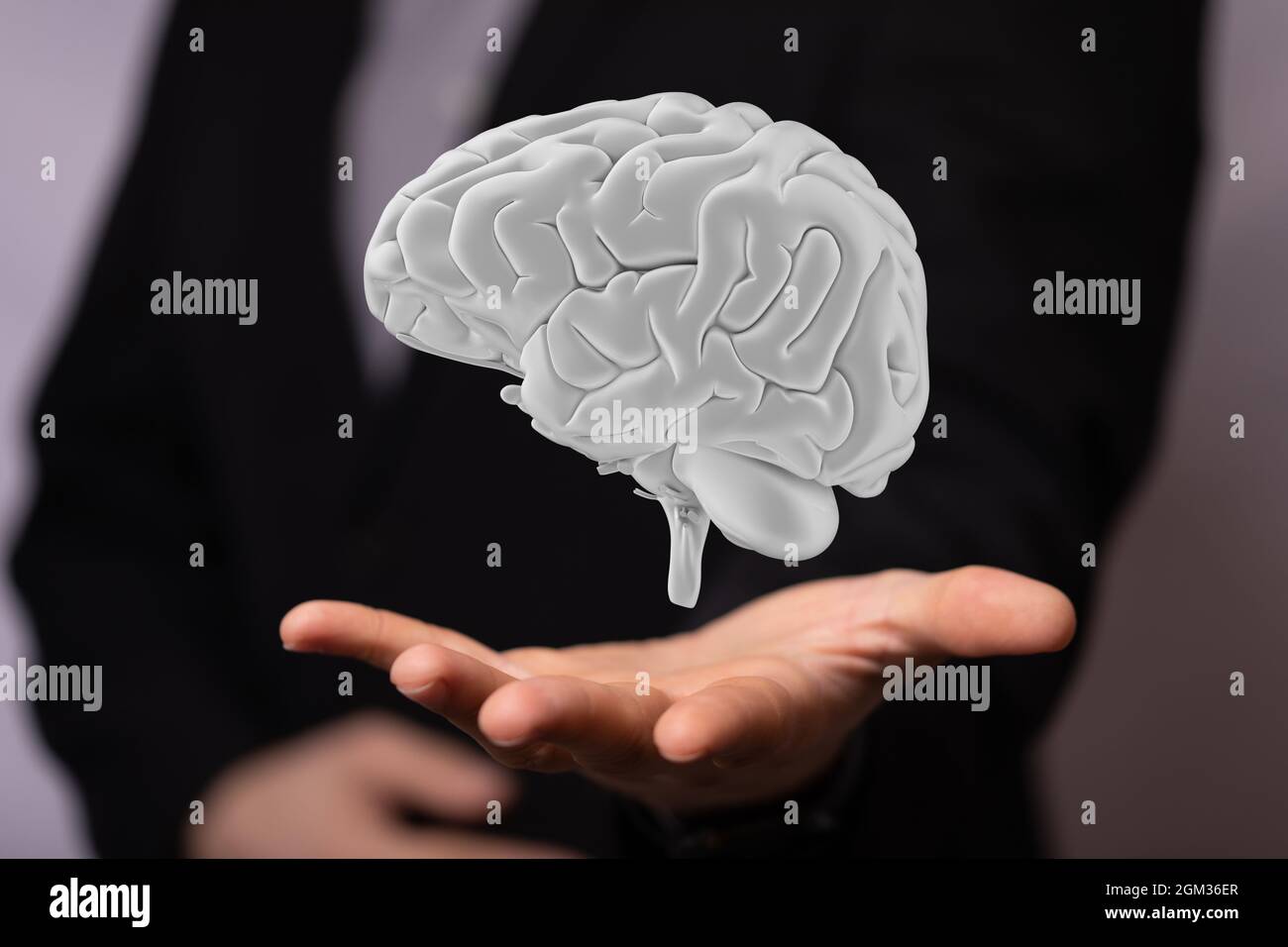 3d rendering of a human brain concept in a hand with a black suit as ...
