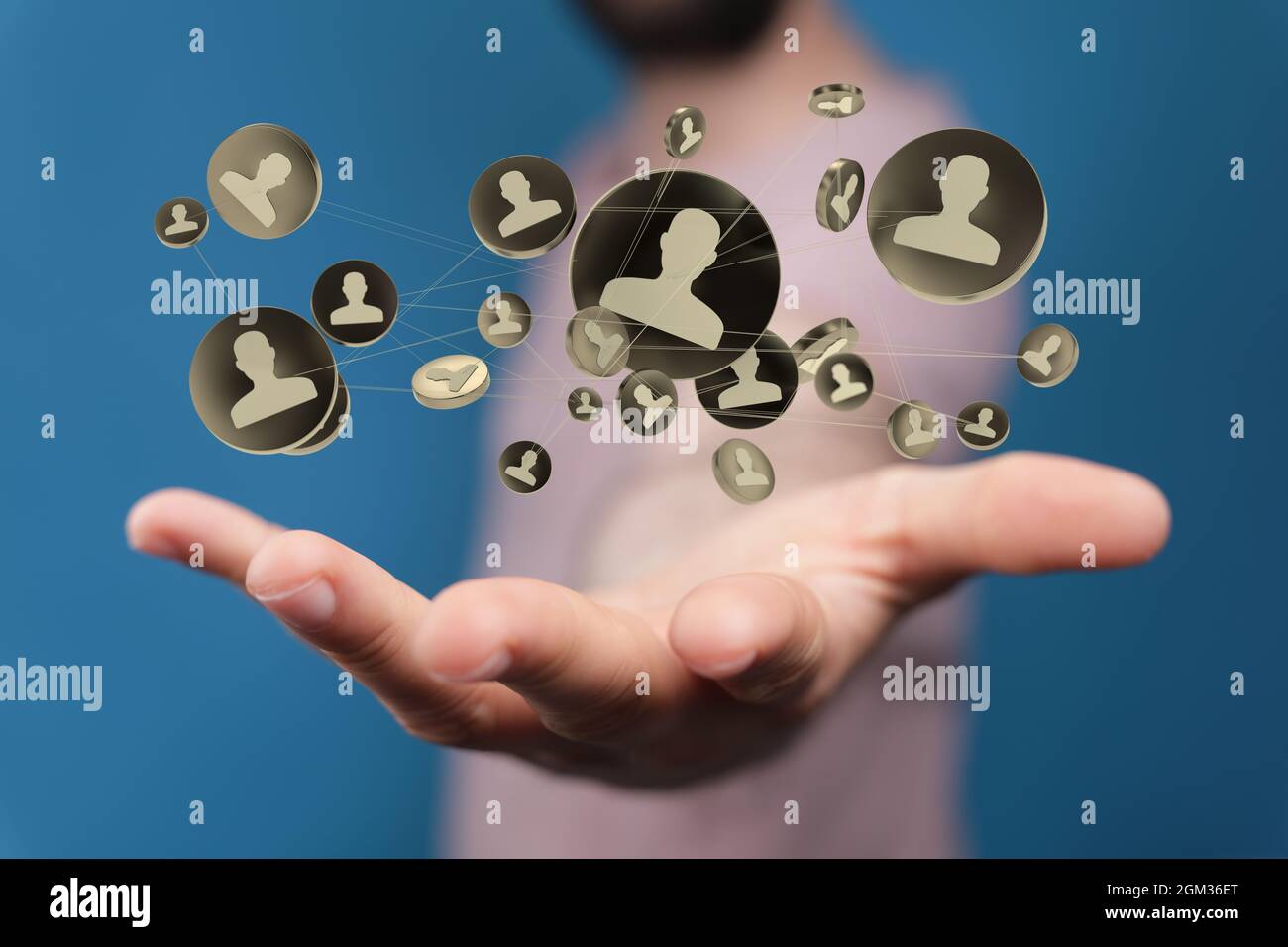 3d rendering of human profile symbols on circular desks in a scheme ...