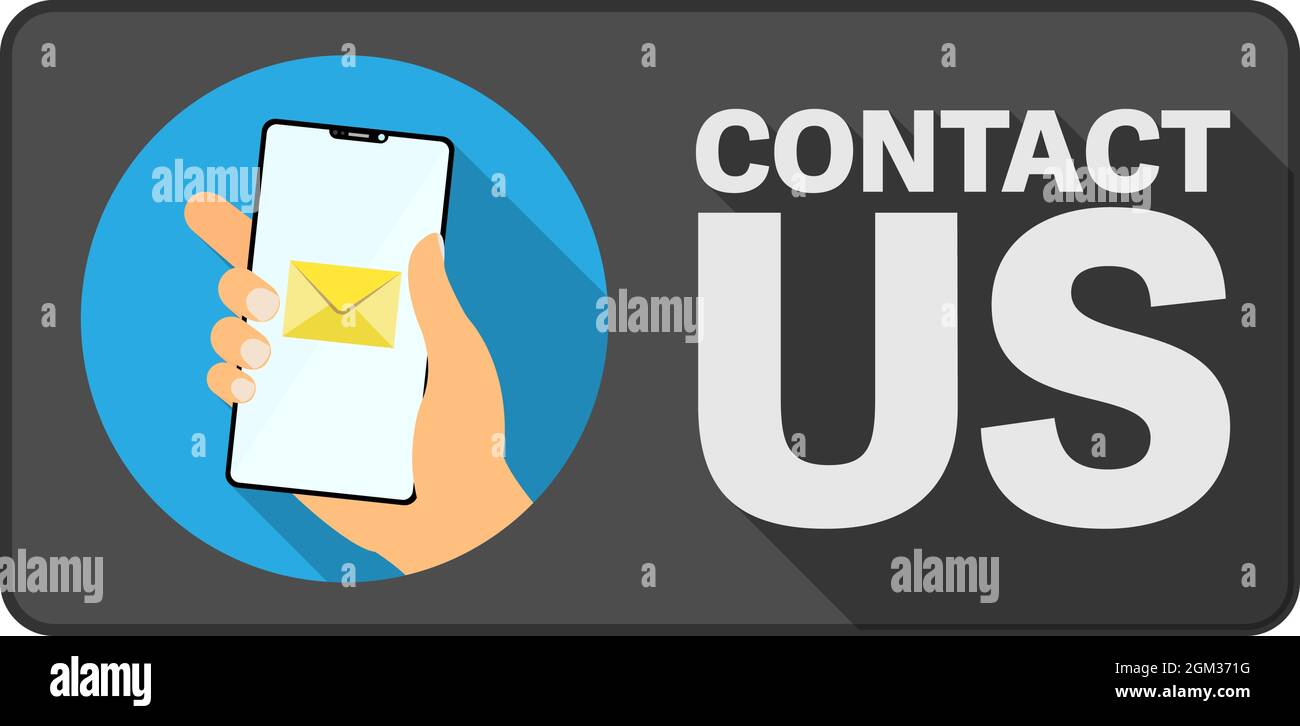 CONTACT US sign or sticker with hand holding smartphone, vector ...