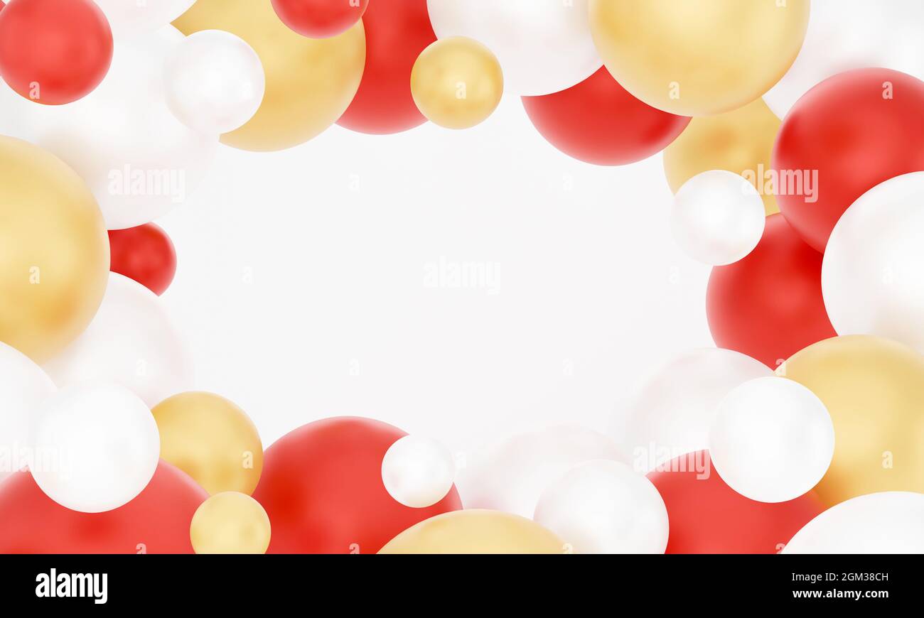 3d render abstract background frame with gold, red and white balls. multicolored balloons ...