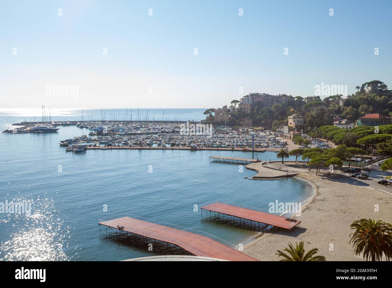 Aerial view of Rapallo in Italy. Gulf and harbor with boats. Sunny day ...