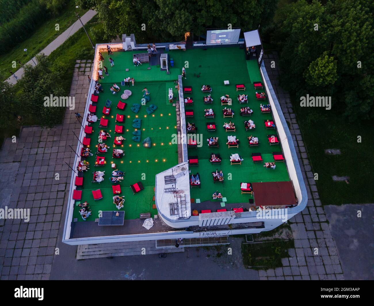aerial view of open air cinema at the roof of the building copy space ...