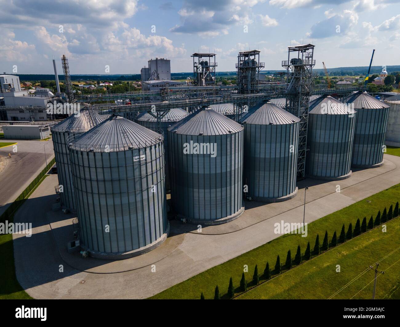 aerial view of factory copy space sunny summer day. storage containers ...