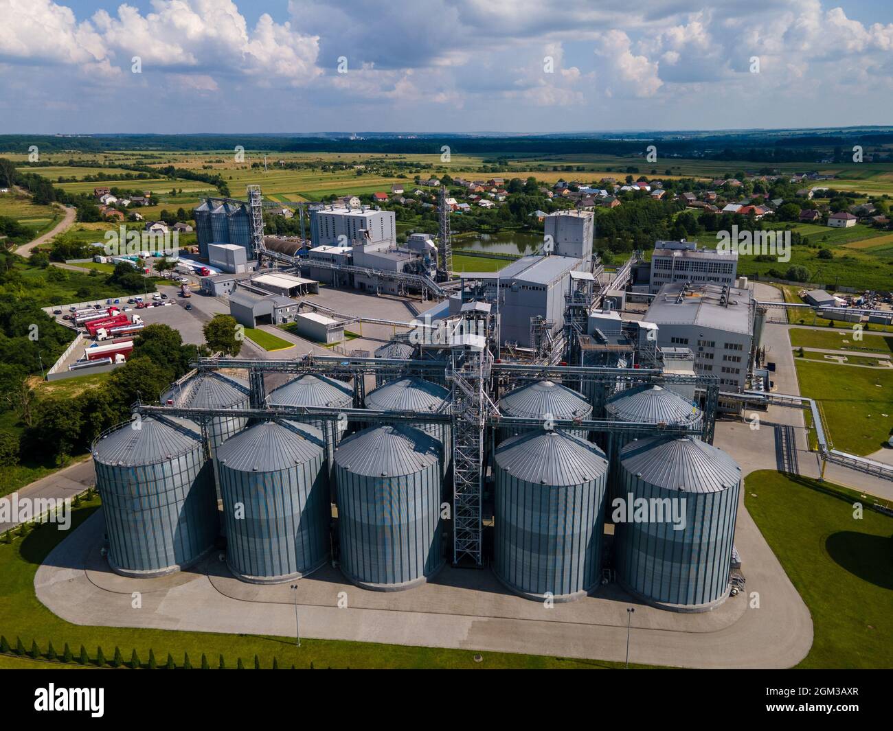 aerial view of factory copy space sunny summer day. storage containers ...