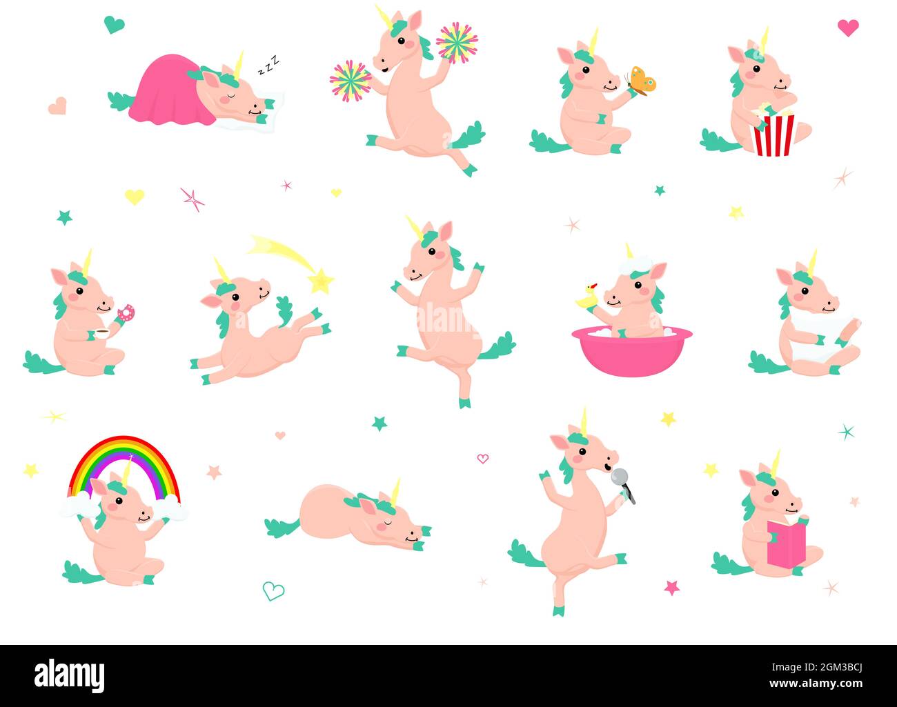 Vector illustration of pink unicorn with different actions and emotions ...