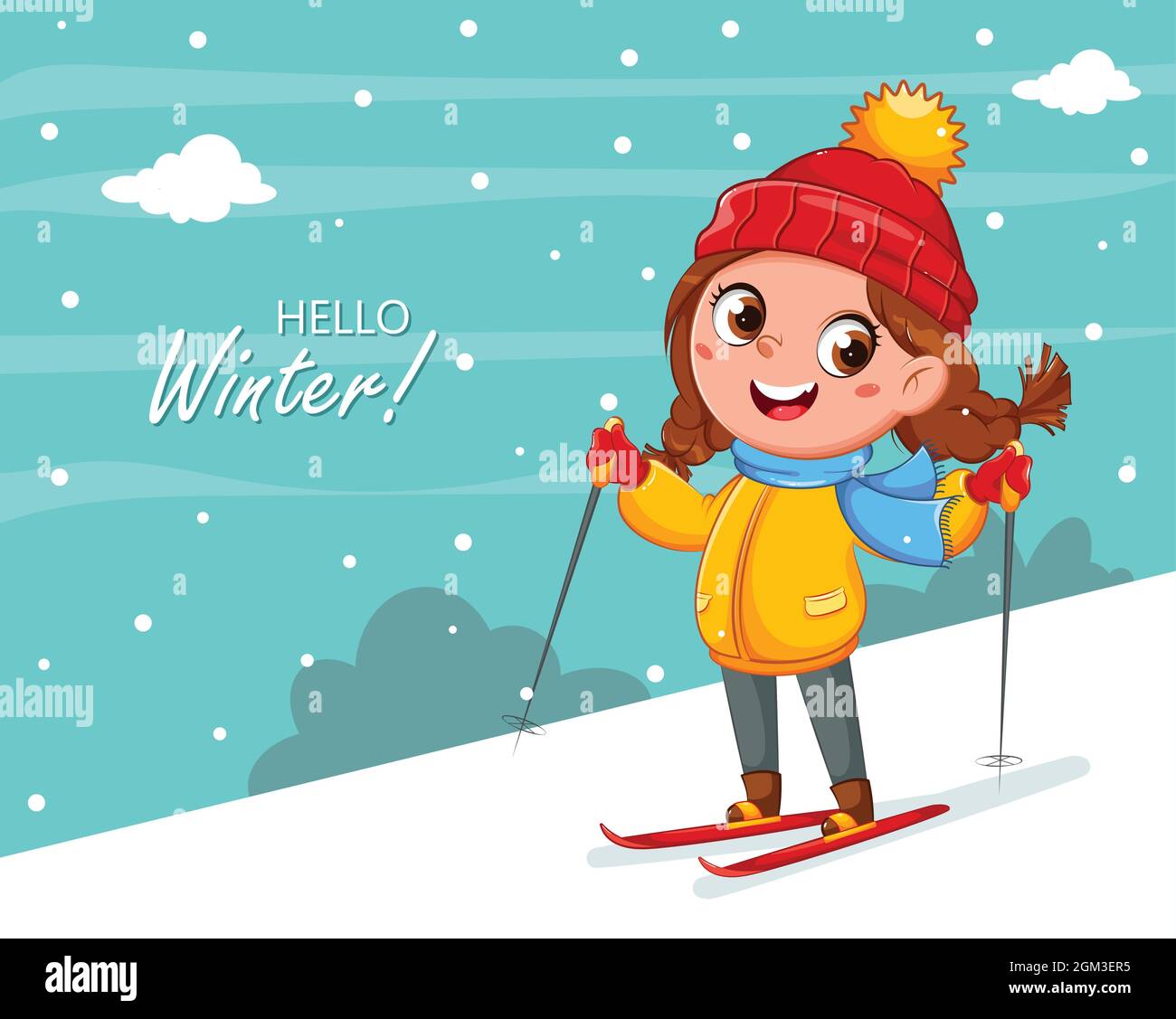 Kid skiing, cute skier girl cartoon character, winter sport. Hello ...