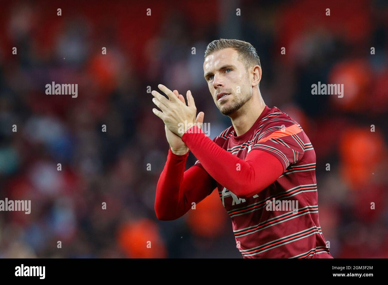 Anfield, Liverpool, England, September 15, 2021, Jordan Henderson (Liverpool FC) cheers fans ...