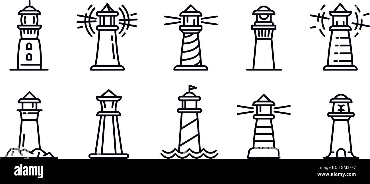 Lighthouse icons set. Outline set of lighthouse vector icons for web ...