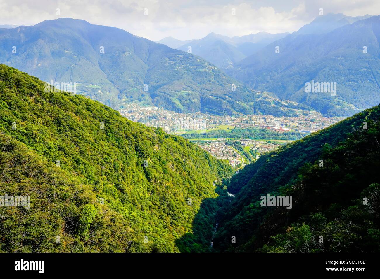 Elevated view of Bellinzona valley from Tibetan bridge (Ponte Tibetano ...