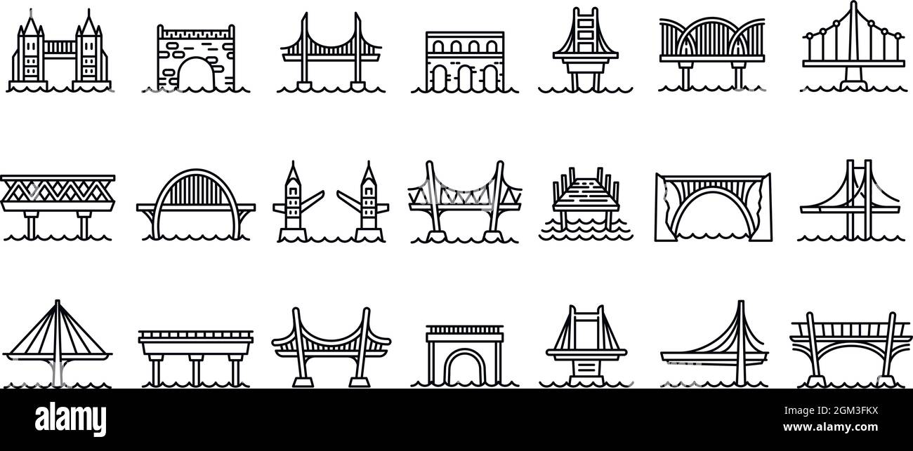 Bridges icons set. Outline set of bridges vector icons for web design ...