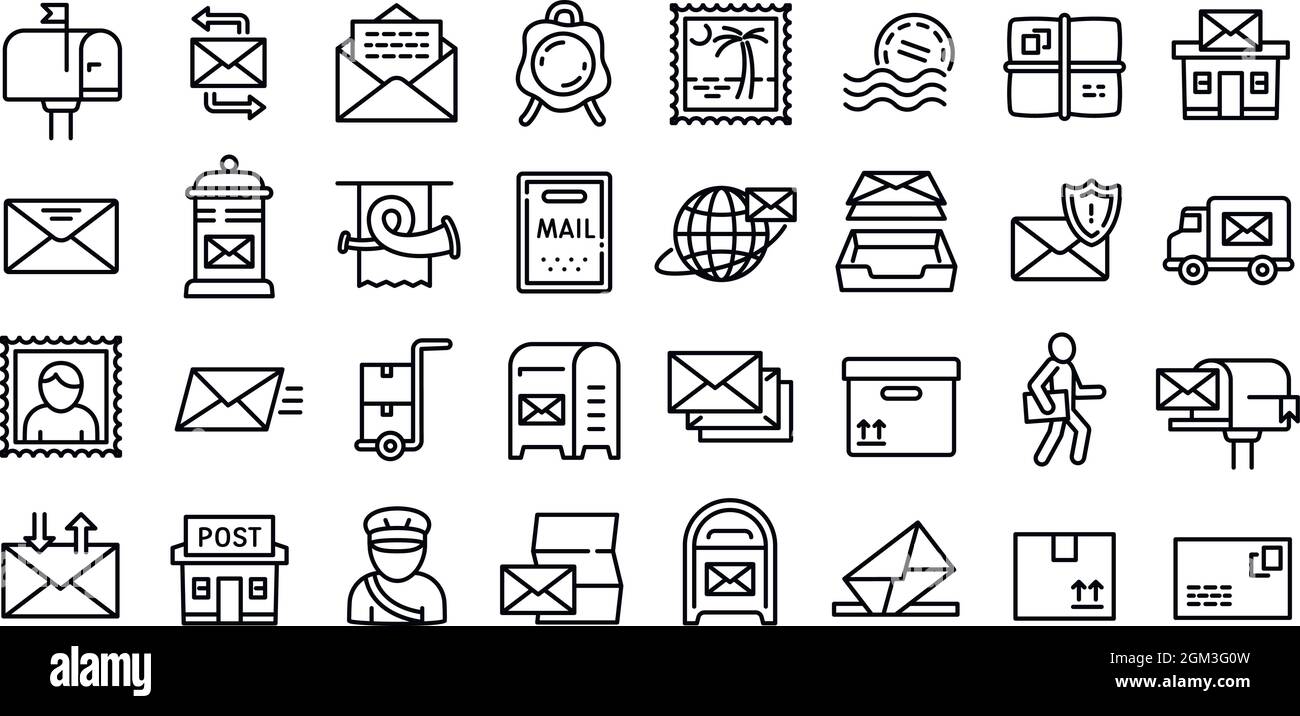 Postman icons set. Outline set of postman vector icons for web design ...