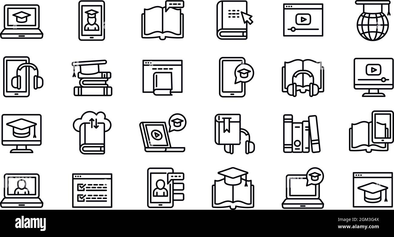 Interactive learning icons set. Outline set of interactive learning ...