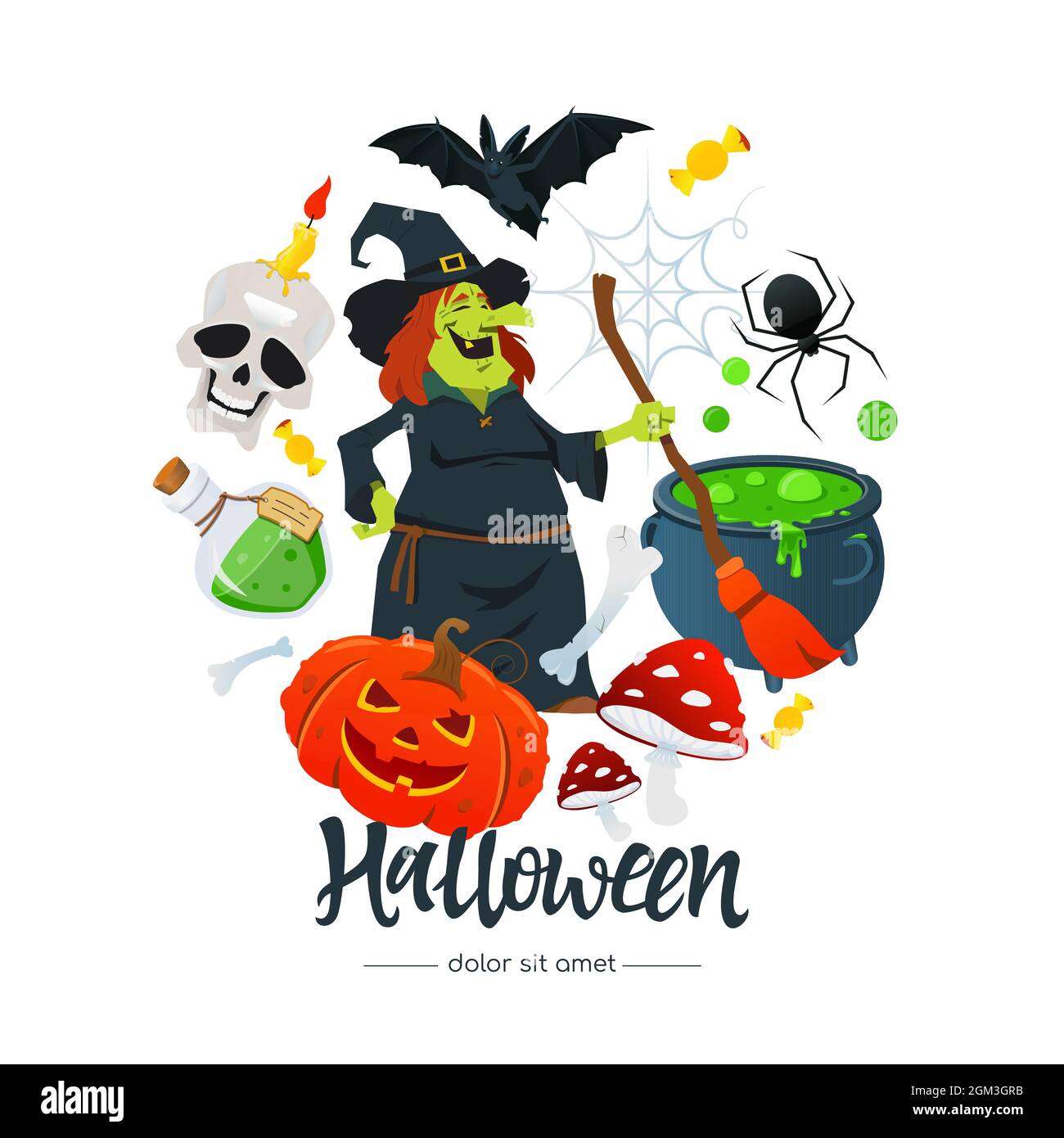 Halloween - modern cartoon style colored rounded poster. Witch, pumpkin ...