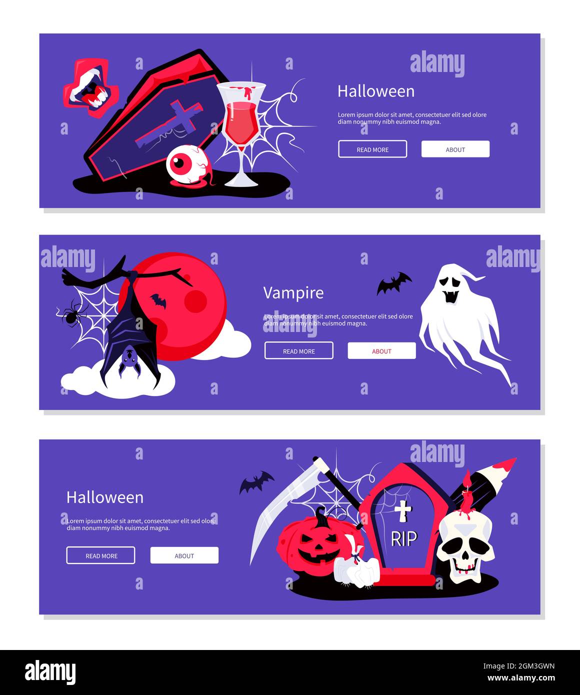 Treat or treat - cartoon banners with three purple backgrounds ...