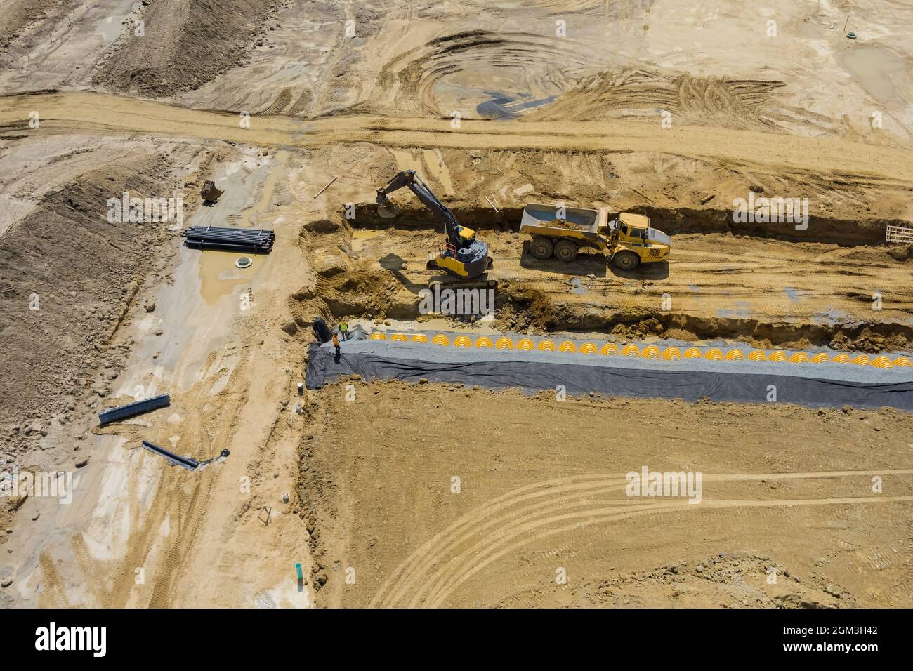 Panoramic view of work preparing ground under construction in laying ...