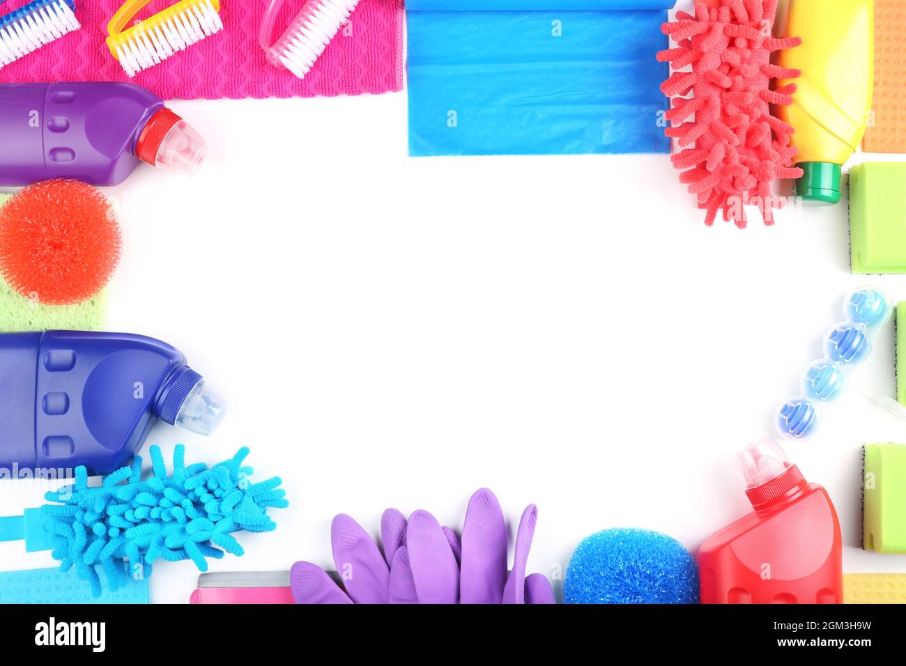 Cleaning supplies on white background Stock Photo - Alamy