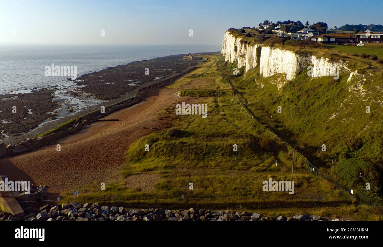 Aerial view looking along the Chalk Cliff Line at Oldstairs Bay, Kent ...