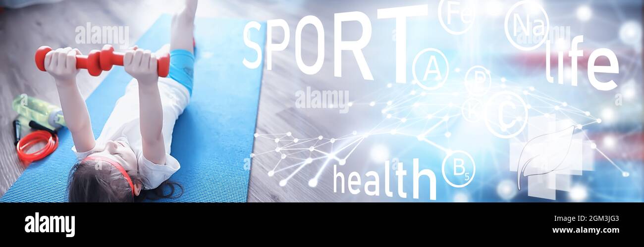 Sport and healthy lifestyle.Child playing sports at home. Yoga mat ...