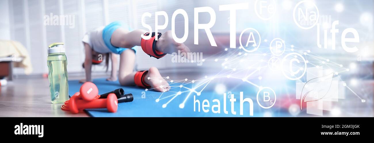 Sport and healthy lifestyle.Child playing sports at home. Yoga mat ...