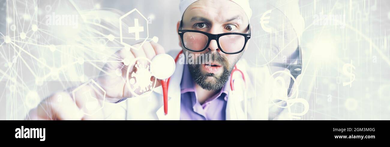 A cross-eyed bearded man is looking into the frame. Eye disease. The ...