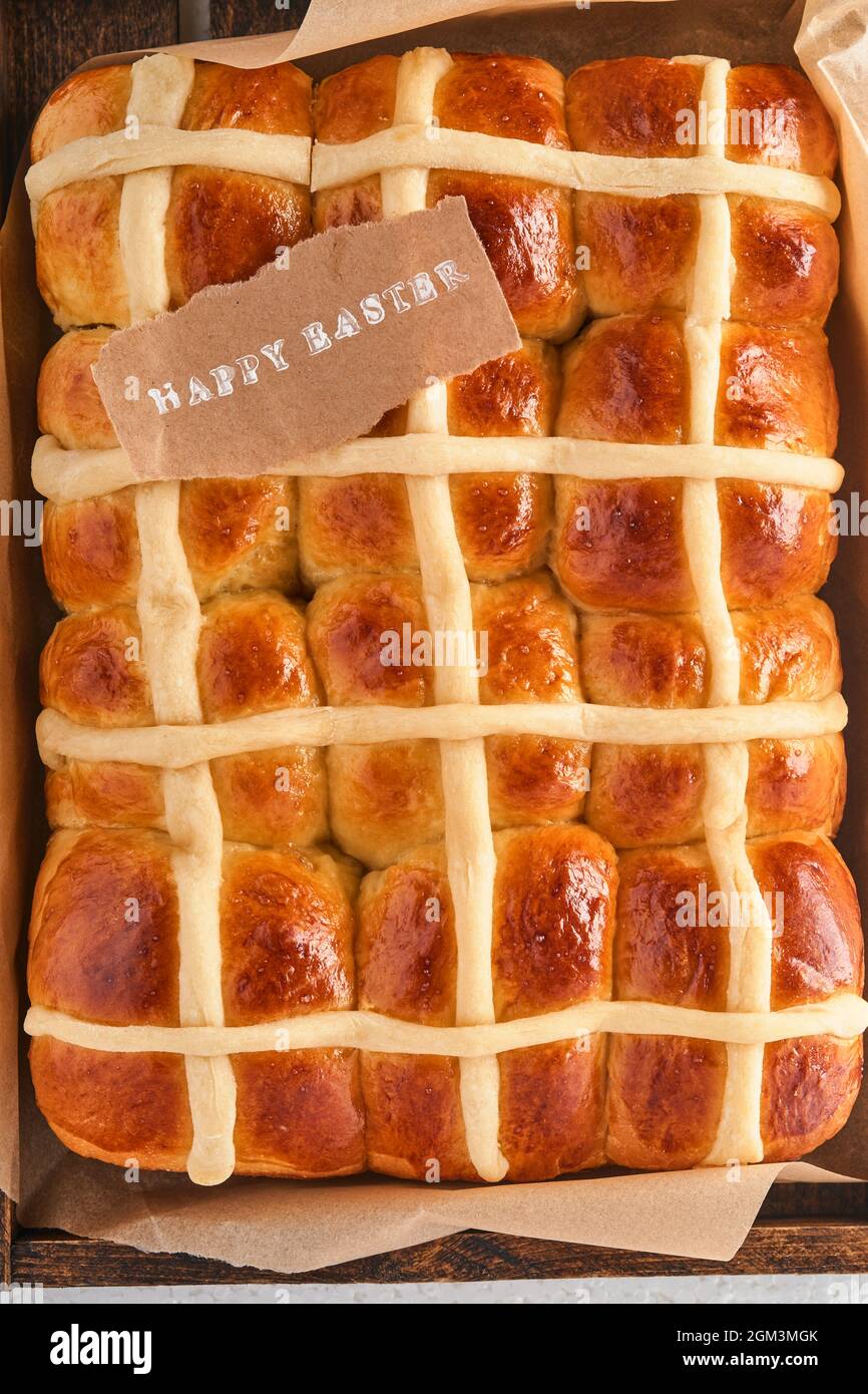 Easter Hot Cross Buns with note of congratulations. Traditional ...