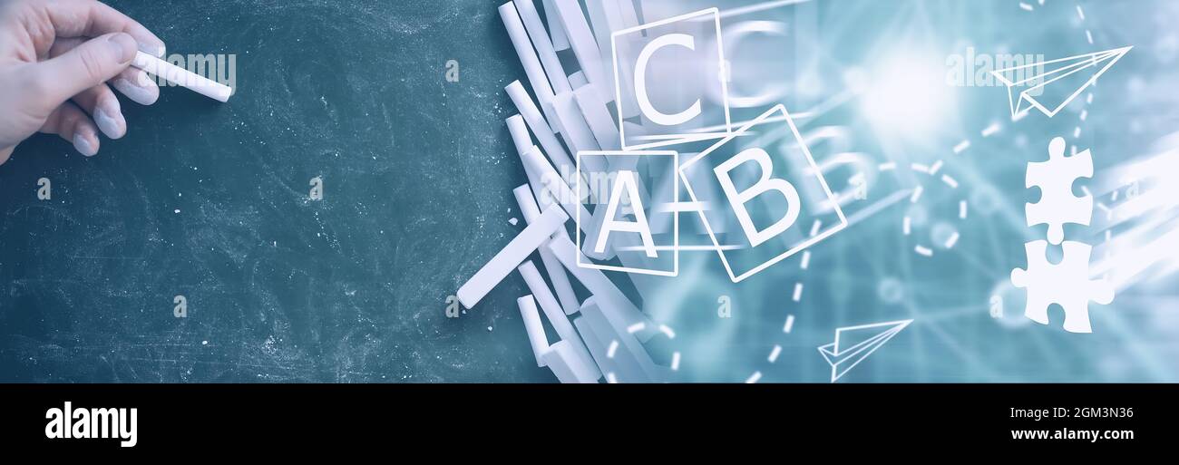 Chalkboard. Crayons for writing on blackboard. Learning concept. School ...