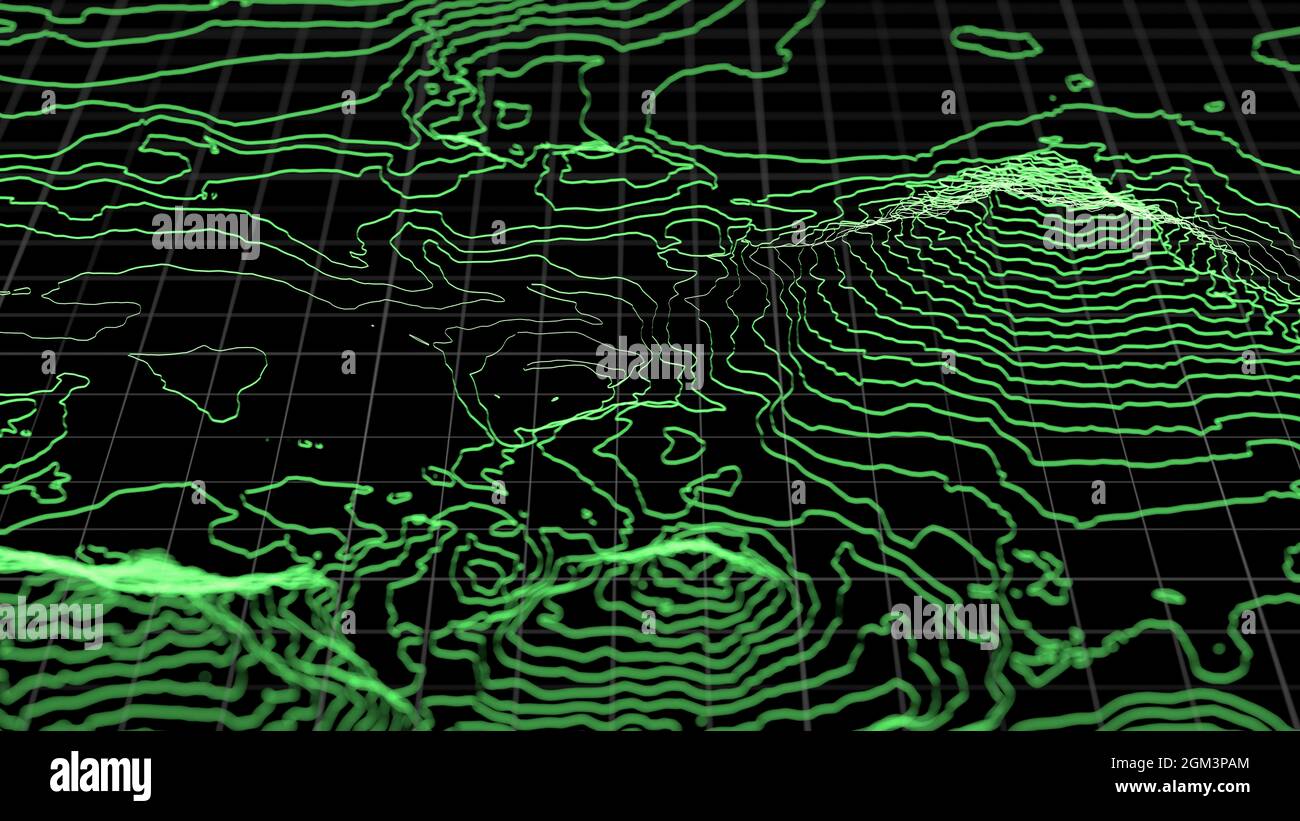 Fly over 3D glowing topographical map. Technological geographica big ...