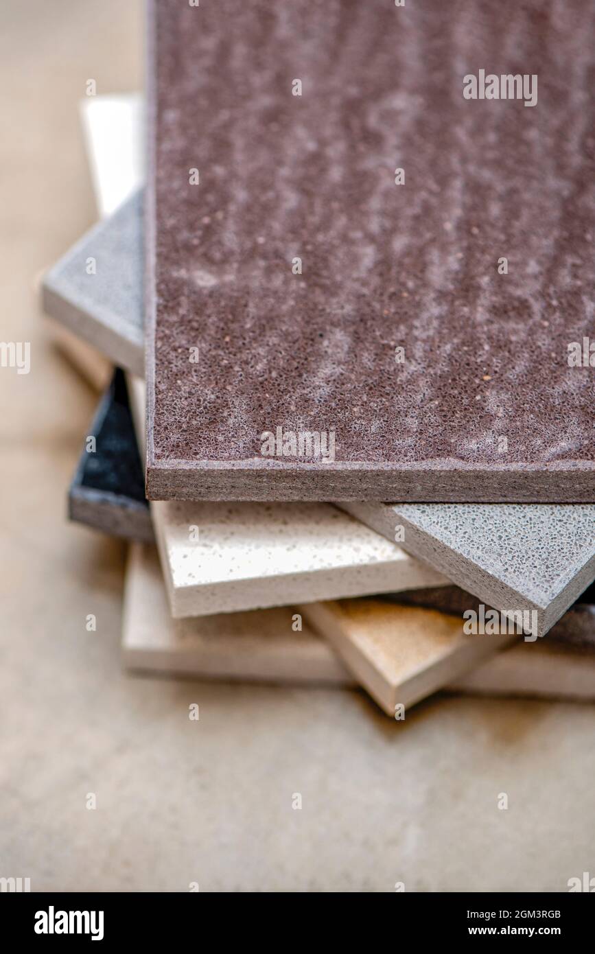 Samples of natural stone for kitchen countertops and floor tiles. Stone ...