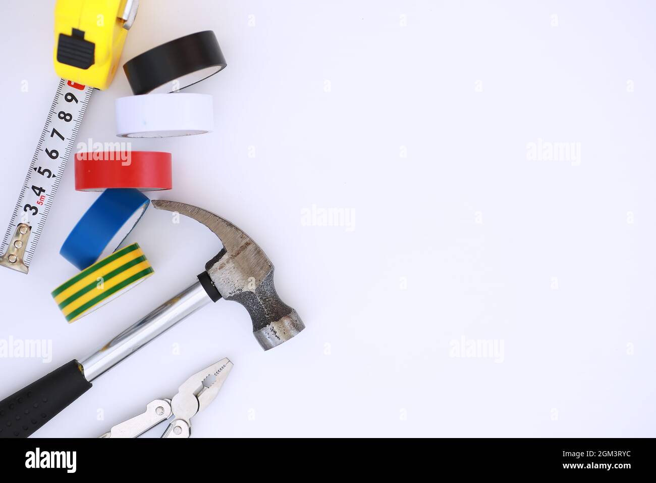 tools and instruments on white table background, top view Stock Photo ...