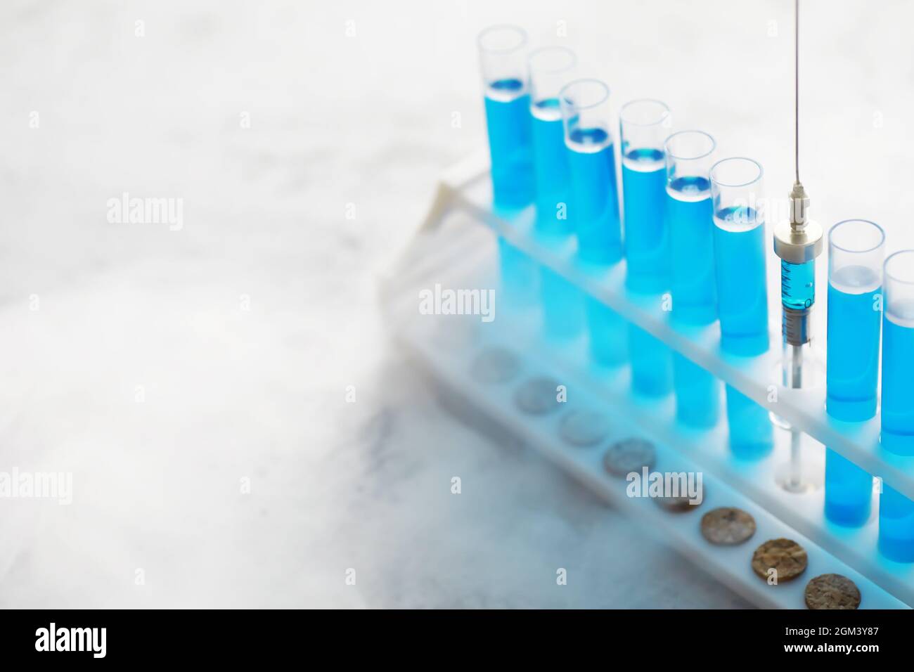 Test tube of glass overflows new liquid solution potassium blue ...