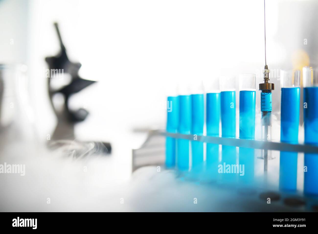 Test tube of glass overflows new liquid solution potassium blue ...