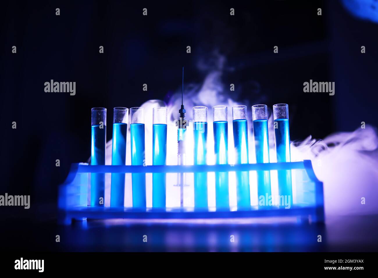 Test tube of glass overflows new liquid solution potassium blue ...