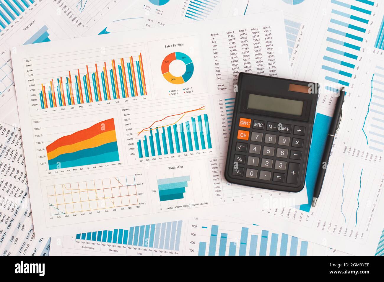 Business graphs, charts and calculator on table. Financial development ...