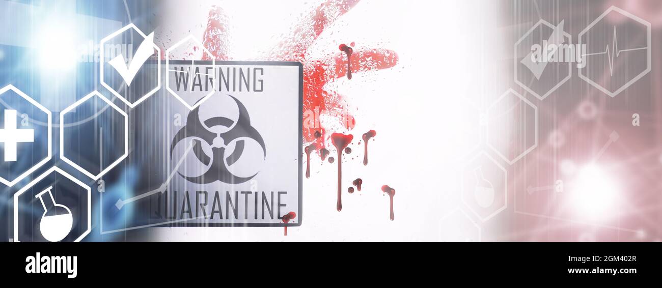 Quarantine. Quarantine warning sign on a glass door in hospital ...