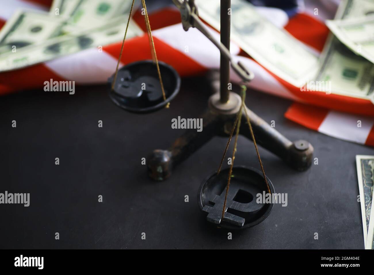 United States Law, scales of justice and American flag. Concept. Money ...