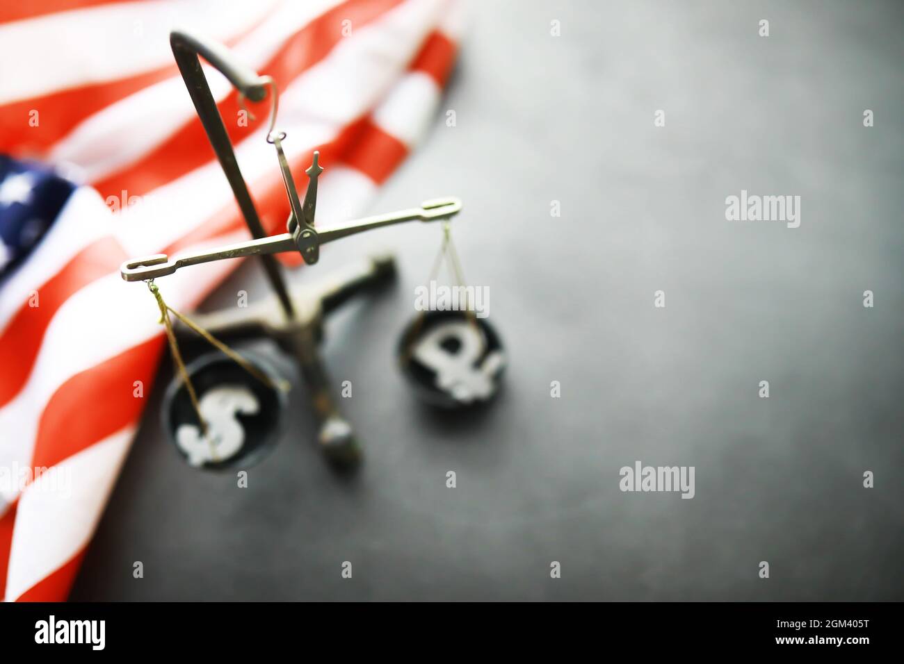 United States Law, scales of justice and American flag. Concept. Money ...