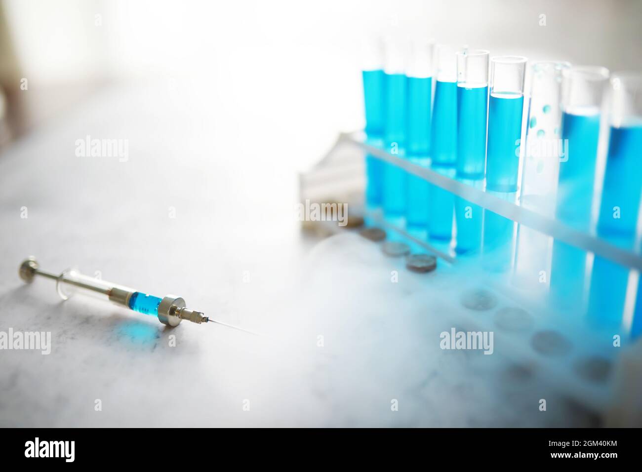 Test tube of glass overflows new liquid solution potassium blue ...
