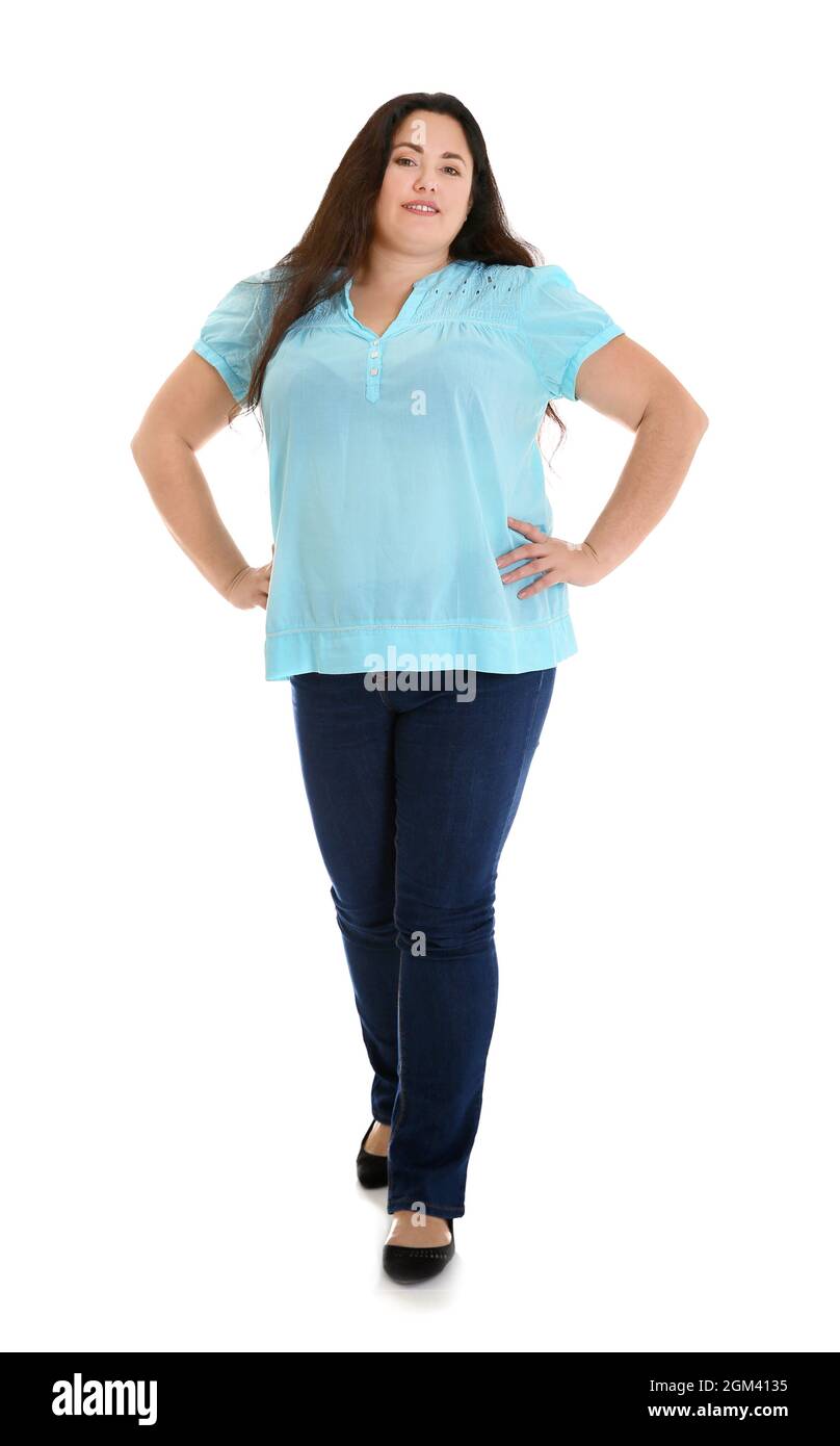 Overweight young woman on white background Stock Photo - Alamy