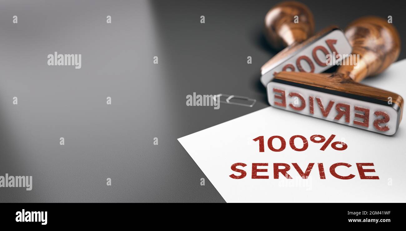 Slogan 100 percent service printed on a sheet of paper angle with two ...