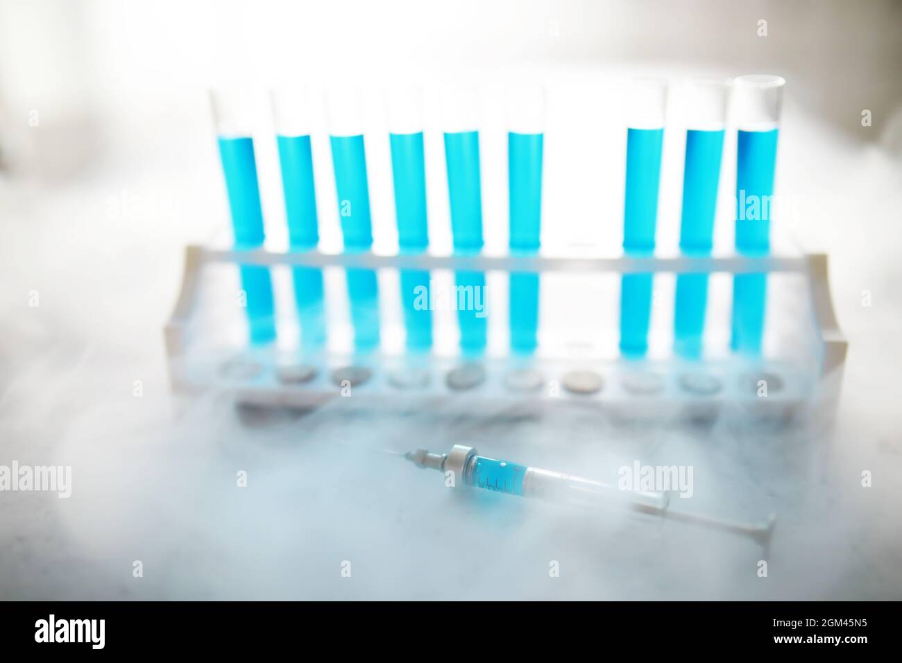 Test tube of glass overflows new liquid solution potassium blue ...